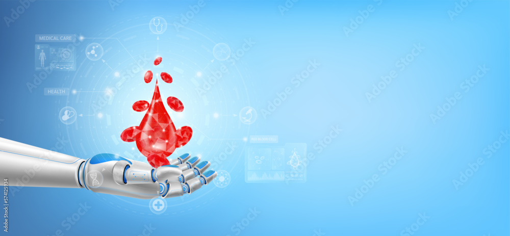 Red blood cells float away from in robot hand. Futuristic medical ...