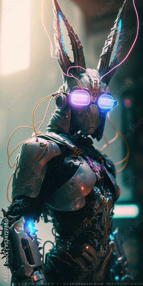 Portrait of a rabbit cyborg man with futuristic color metal virtual ... Portrait of a rabbit cyborg man with futuristic color metal virtual ...