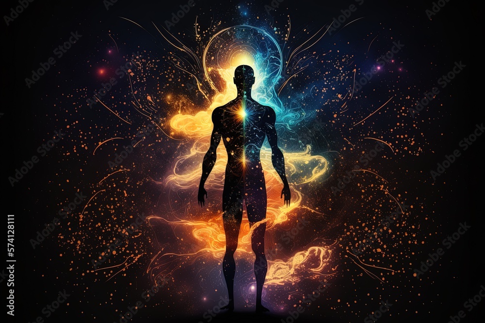 Astral body silhouette with abstract space background. Esoteric ...