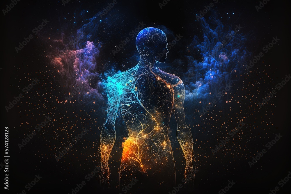 Astral body silhouette with abstract space background. Esoteric ...