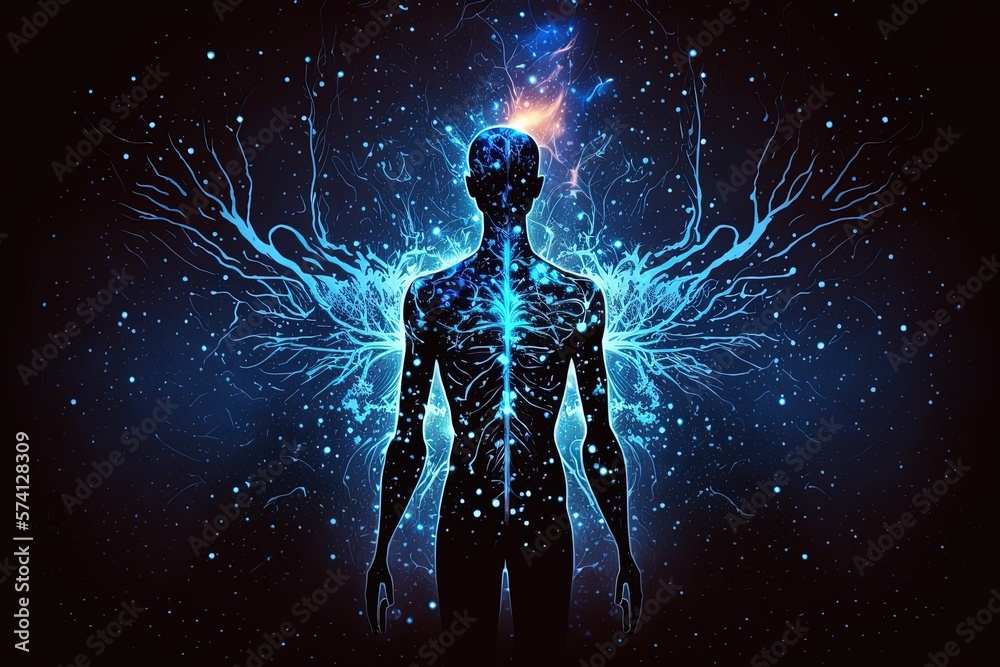 Astral body silhouette with abstract space background. Esoteric ...