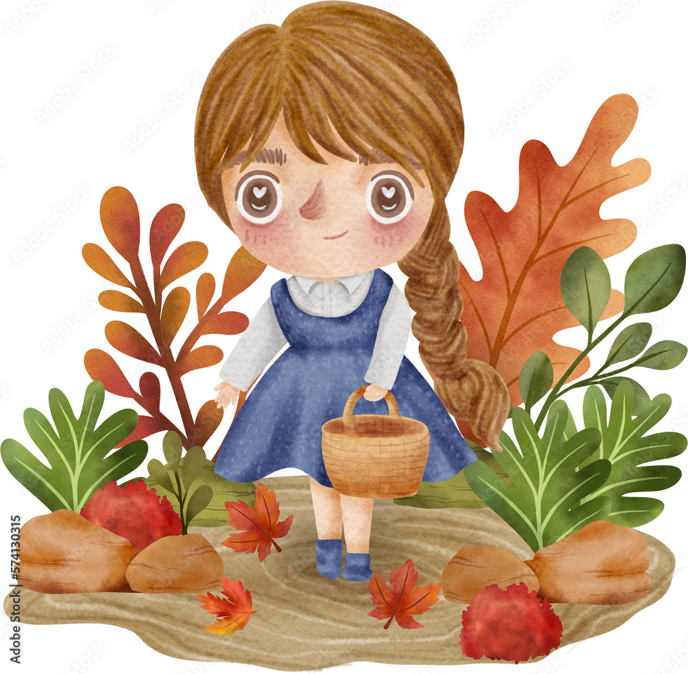 Autumn fall girl cute watercolor illustration for thanksgiving forest ...