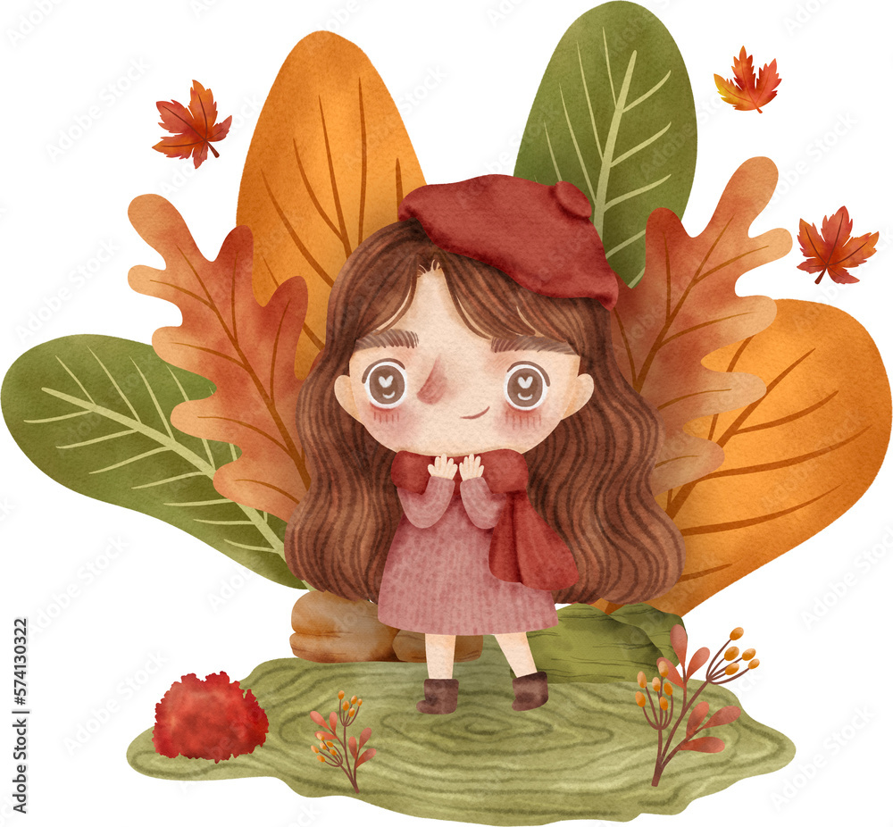 Autumn fall girl cute watercolor illustration for thanksgiving forest ...