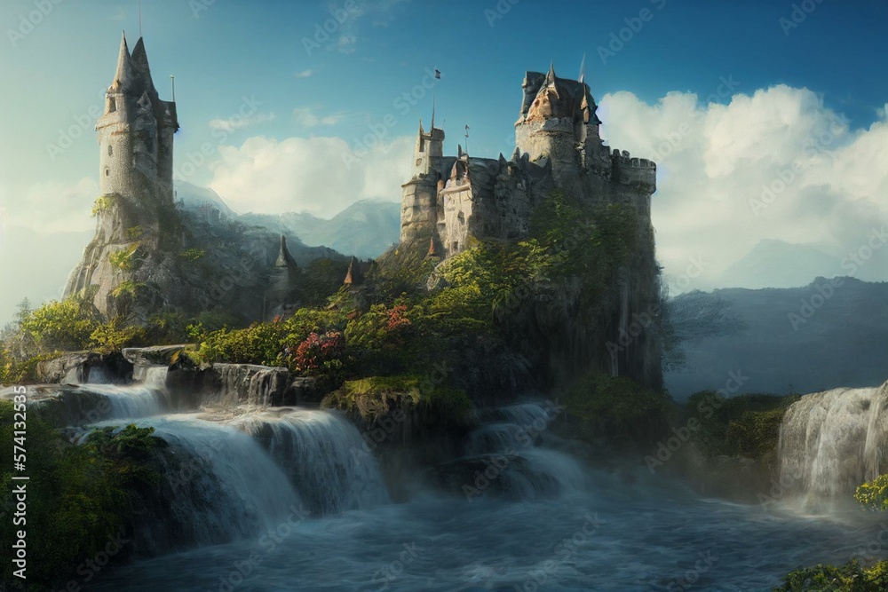Painting of a castle on top of a mountain above a waterfall. Generative ...