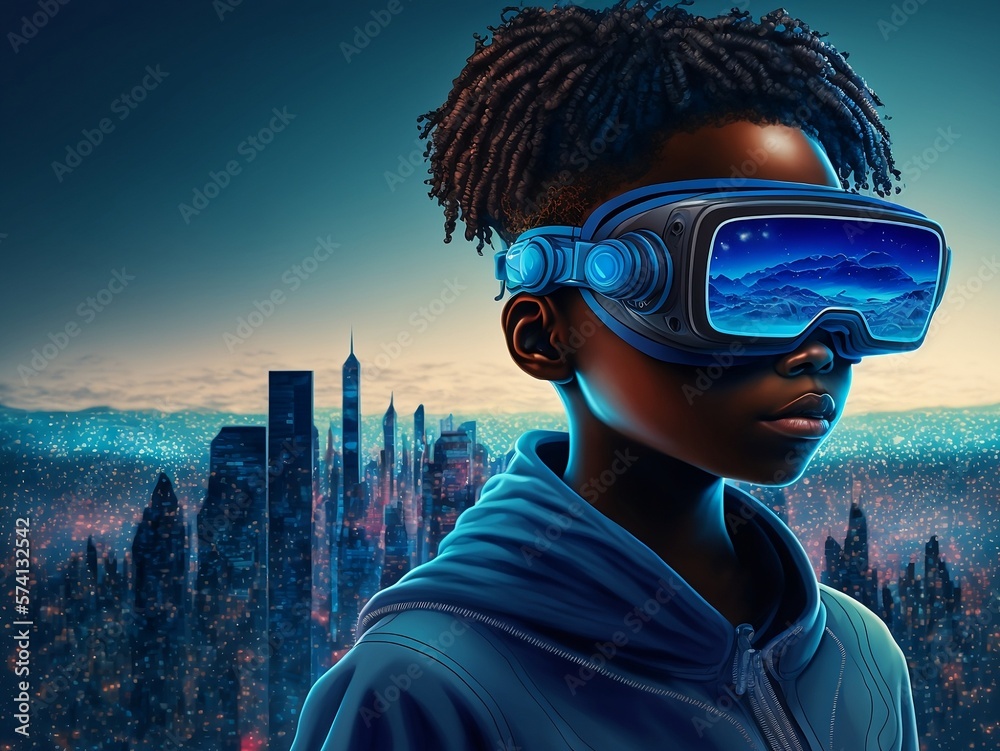 An AI-generated image of an African teenage boy wearing a VR headset ...