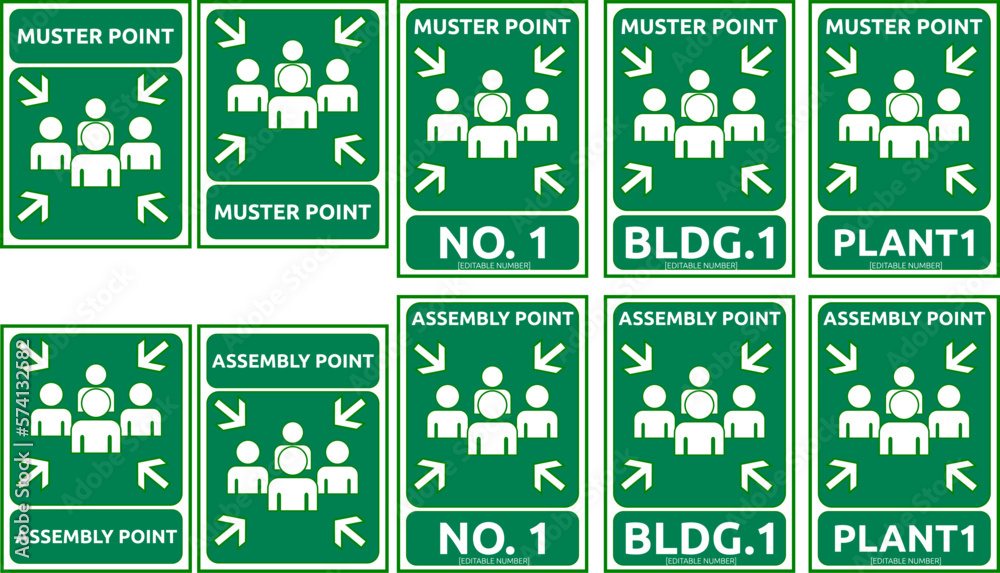 Muster and assembly point label for fire evacuation, vector Stock ...
