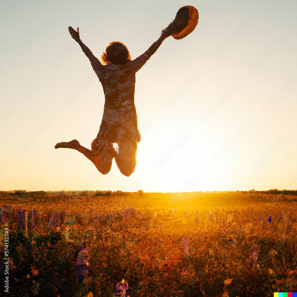 Girl jumping for joy, with a hat in her hand, countryside landscape ...