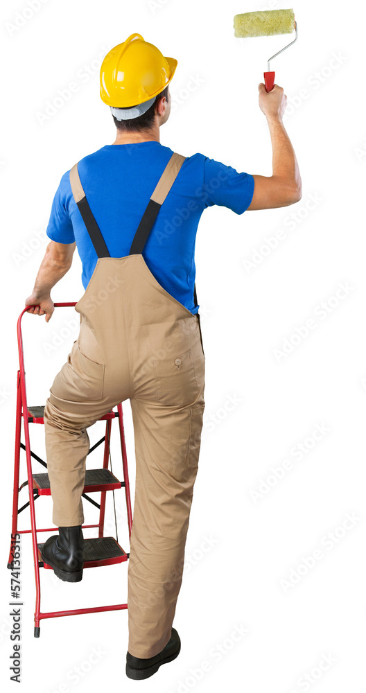 House painter is painting white wall, Back view from behind Young full ...