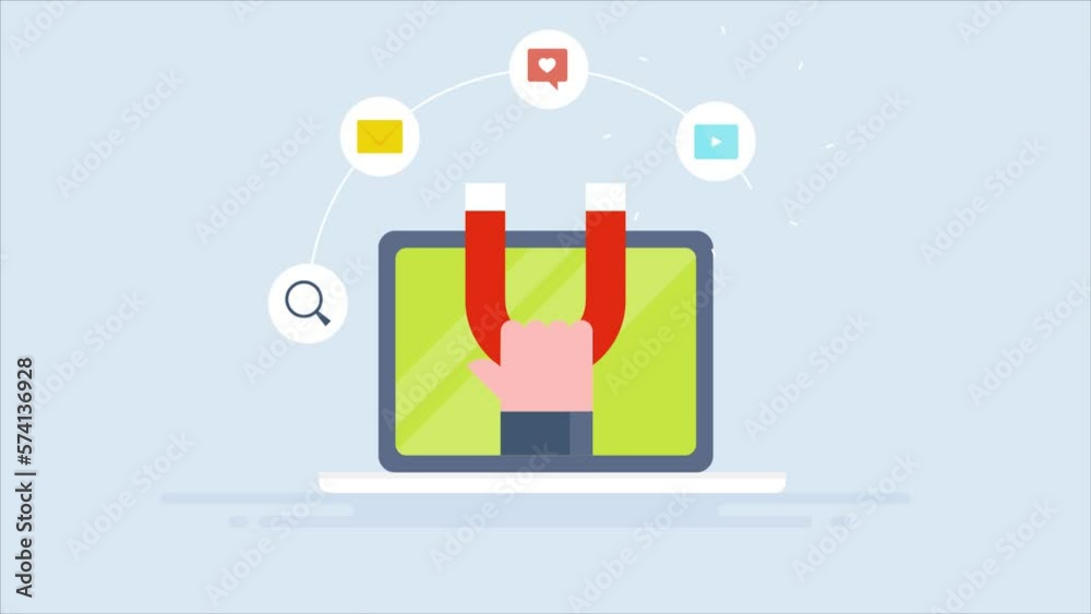 Hand holding magnet on pc screen, using multiple digital strategy for ...