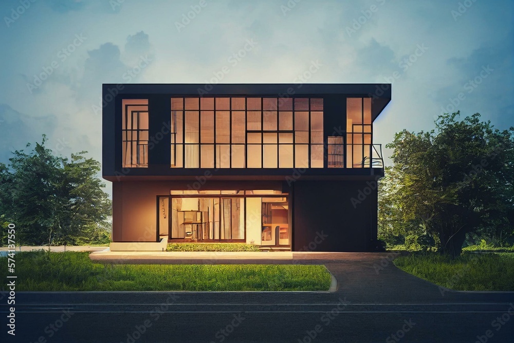 A modern house residential building in a lush green area, featuring ...