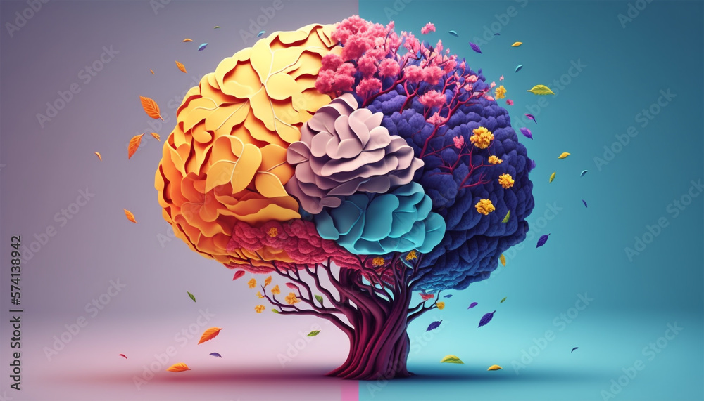 Human brain tree with flowers, self care and mental health concept ...