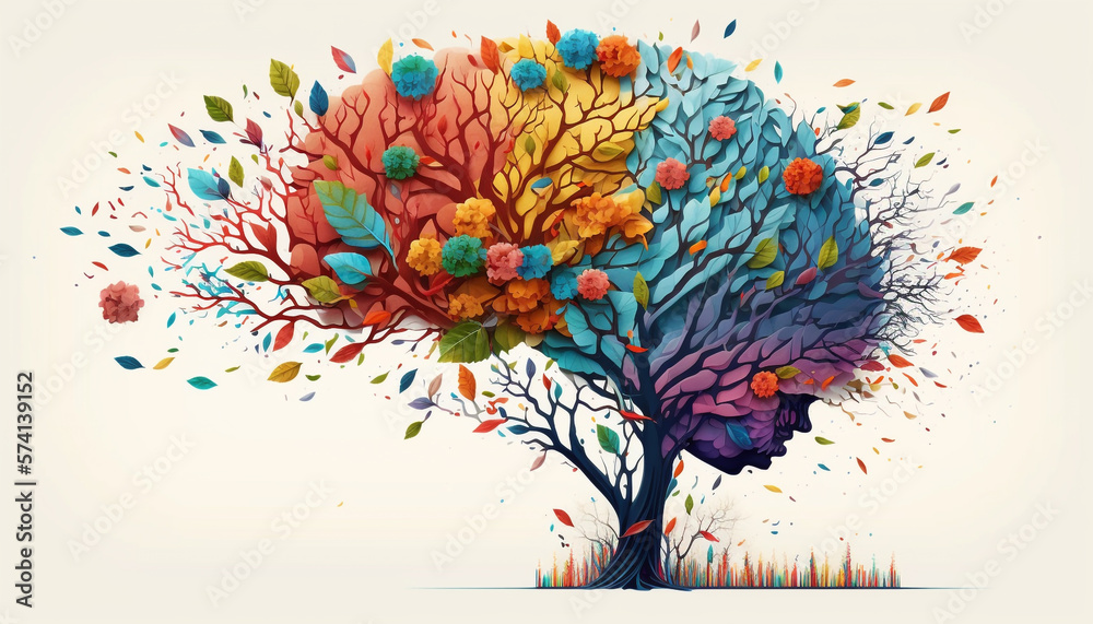 Human brain tree with flowers, self care and mental health concept ...