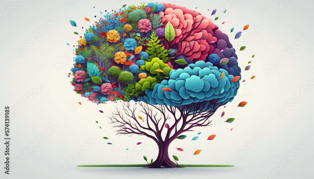 Human brain tree with flowers, self care and mental health concept ...