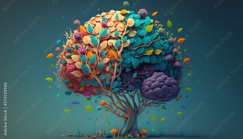 Human brain tree with flowers, self care and mental health concept ...