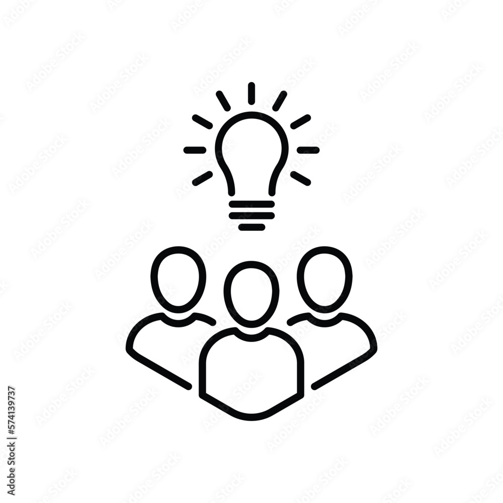thin line insight icon with group of people and black bulb. outline flat trend modern logo ...