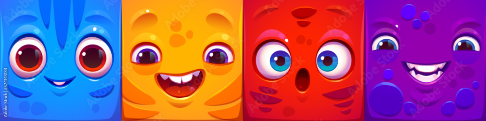 Set square monster face for game player avatar. Cartoon emotion ...