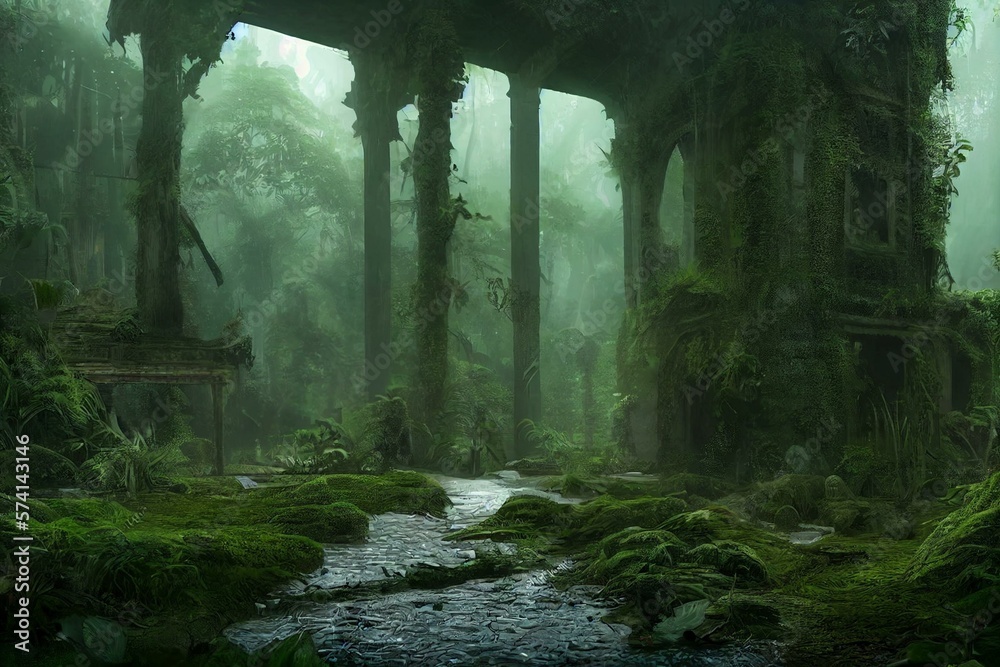 Concept art featuring an abandoned palace overgrown by jungle ...