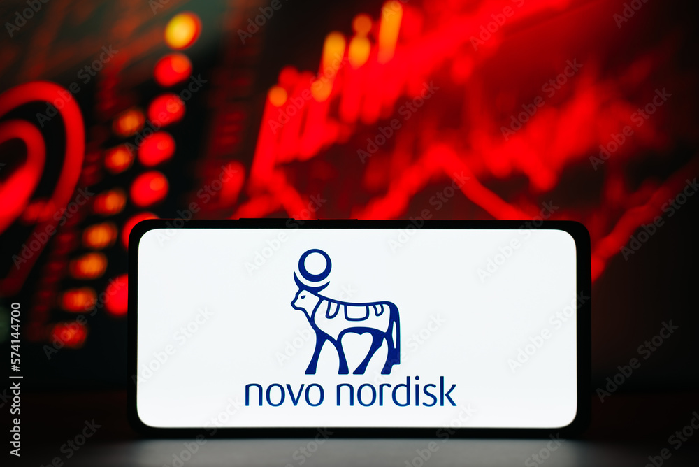 Novo Nordisk and investment, finance concept. Close-up of logo of ...