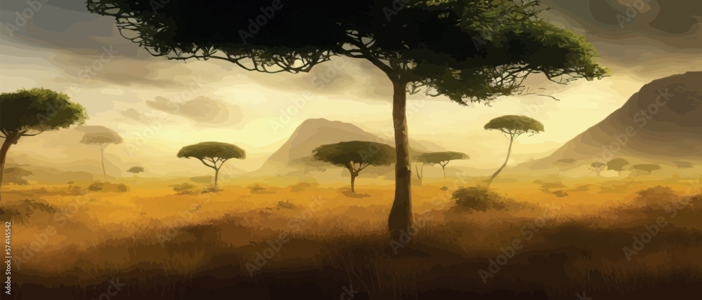 African savanna. Grass, acacia trees and river. Realistic vector ...
