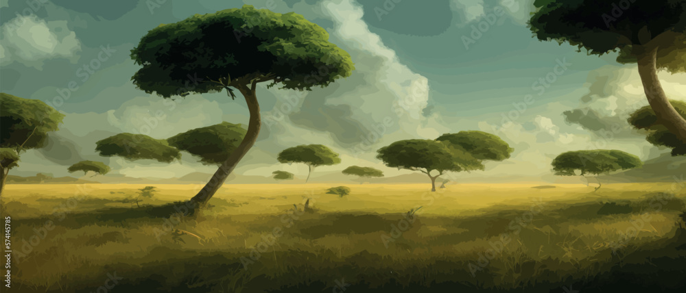 African savanna. Grass, acacia trees and river. Realistic vector ...
