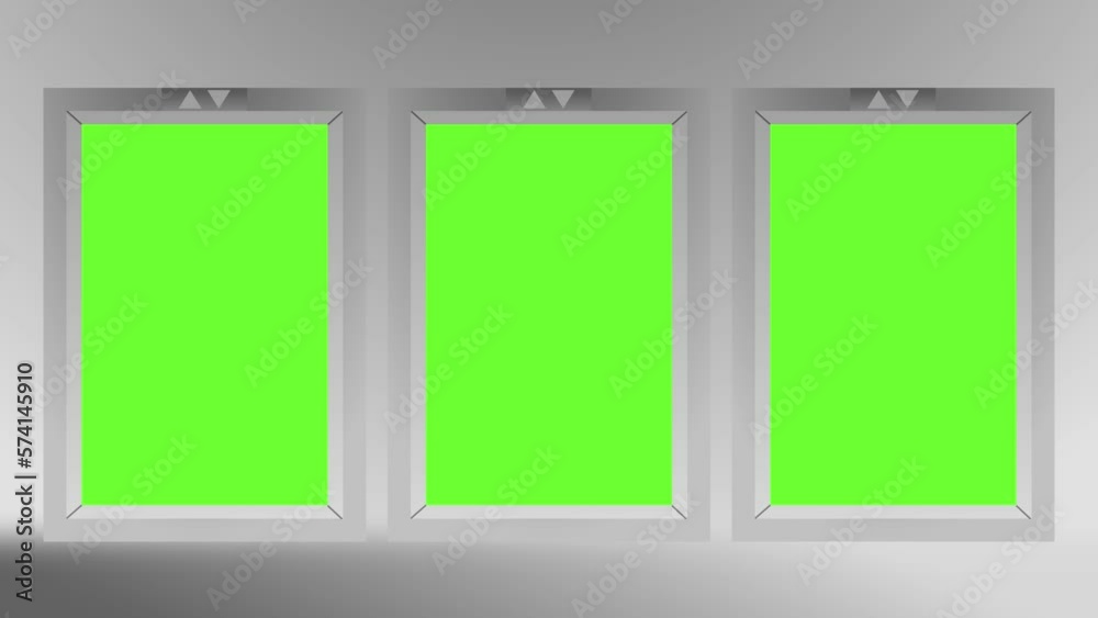 Three elevators lift doors closing and opening by revealing the green ...