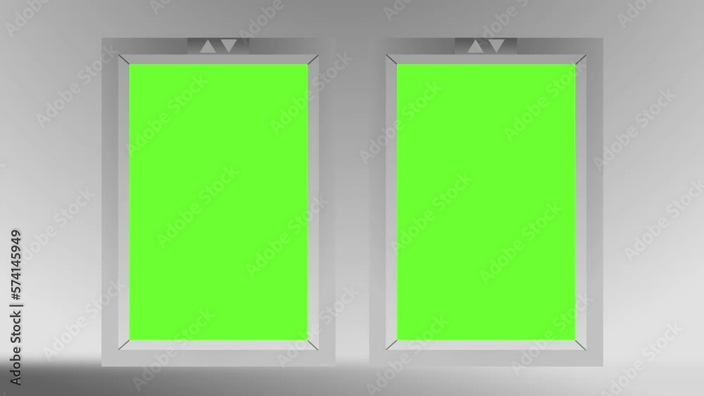 Two elevators lift doors closing and opening by revealing the green ...