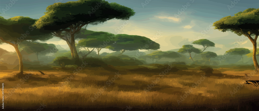 African savanna. Grass, acacia trees and river. Realistic vector ...