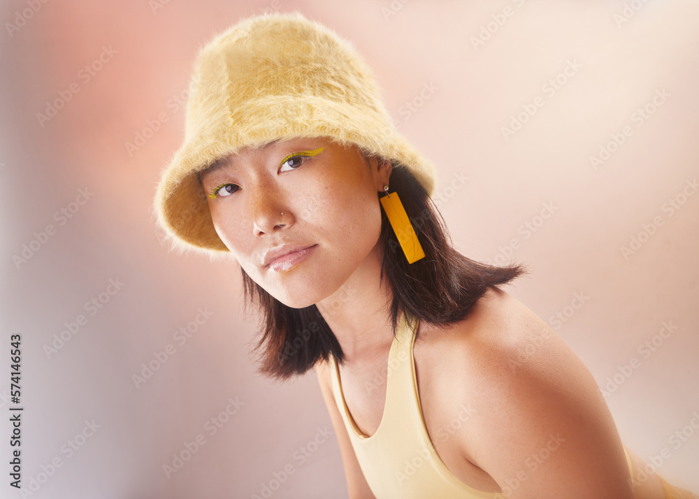 Asian woman, fashion and makeup with gen z and portrait, yellow ...