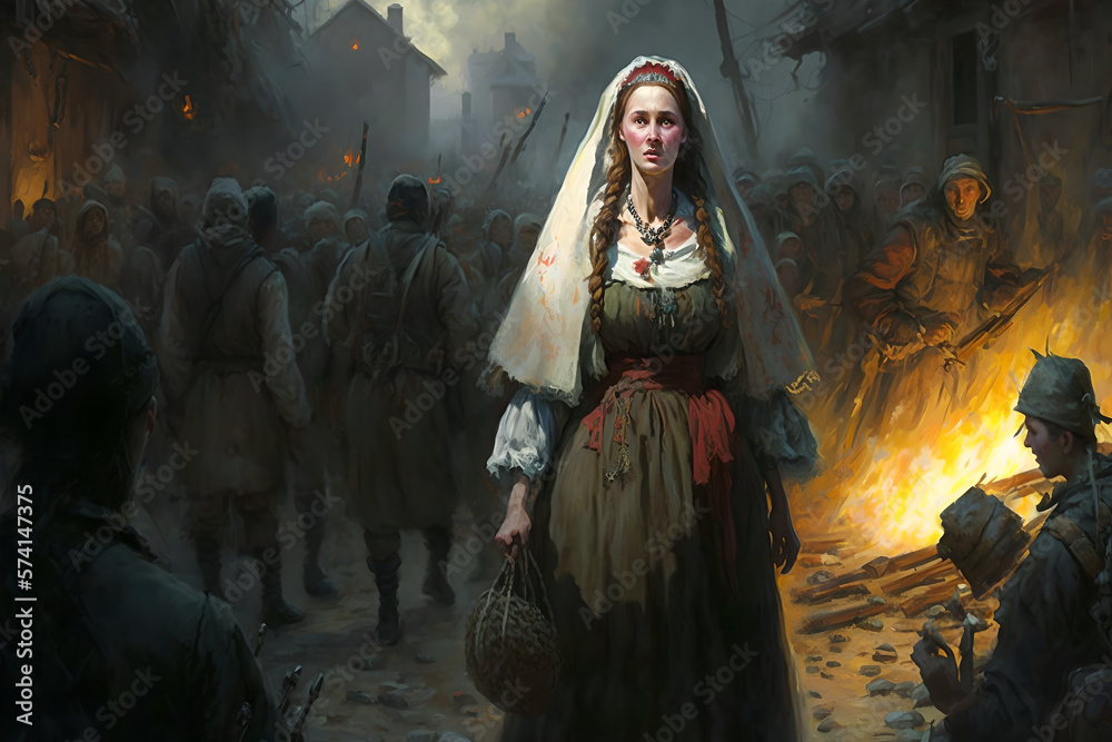 A young lady, considered a witch in medieval times, is standing in ...