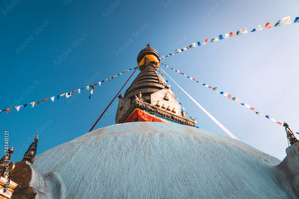 Tibetan prayer flags hanging Monkey Temple Swayambhunath in Kathmandu ...