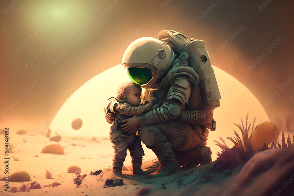 A fantasy scifi portrait of little boy hugging and saying goodbye to ...