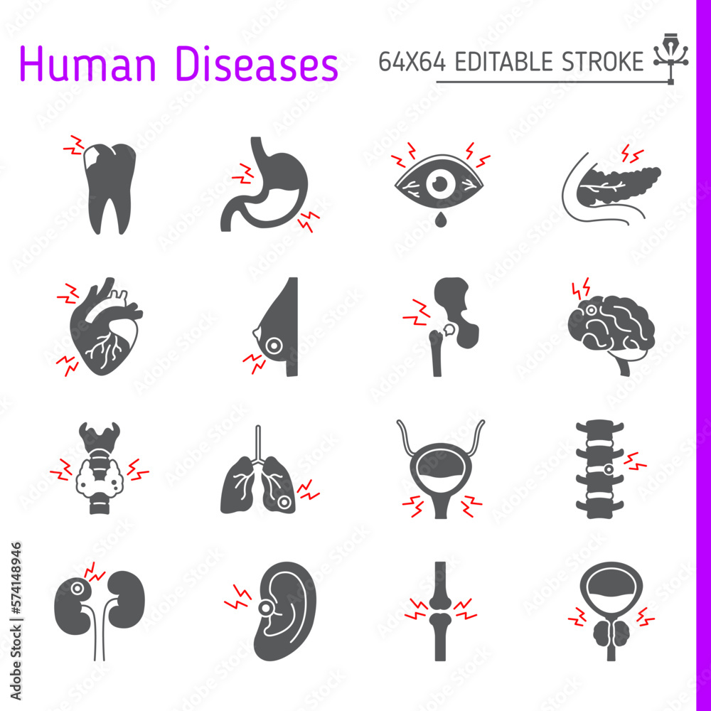 Human diseases solid icon set, body pain vector collection, logo ...