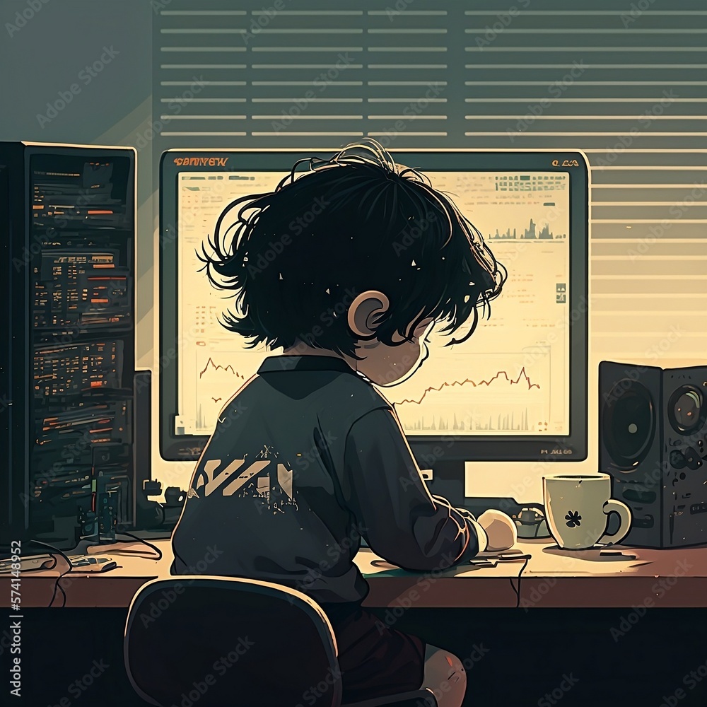 Cartoon Depiction of a Little Boy and a Computer Generative AI Stock ...