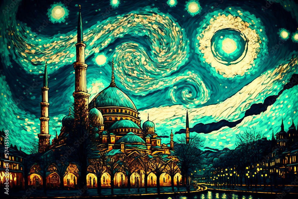 Islamic painting, aesthetic mosque, generative ai Stock Illustration ...