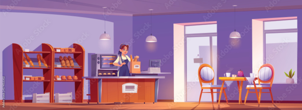 Cartoon bakery interior with female seller behind counter. Vector ...