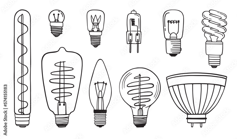 Set of vector light bulbs. Hand drawn illustration. A simple minimalist ...