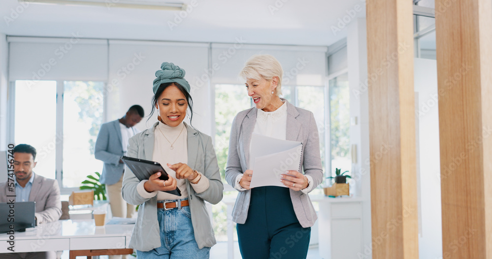 Senior, CEO and worker high five for support, team work or sales goals ...