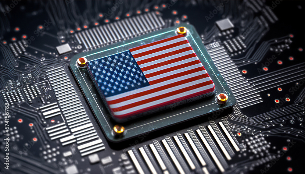 American flag on circuit board with microchips. Generative AI Stock ...