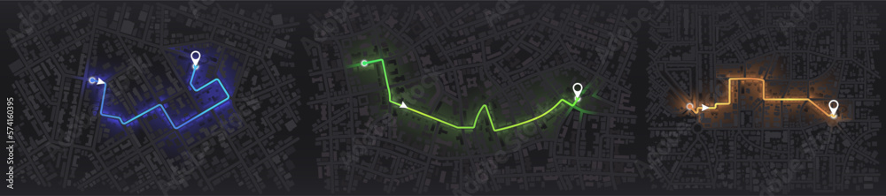 Set of maps with route distance data, path turns and destination tag or ...