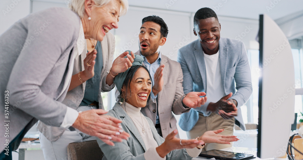Business, black woman and applause for celebration, corporate deal or ...