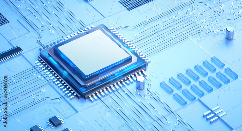 3D rendering of cyberpunk AI. Circuit board. Technology background ...