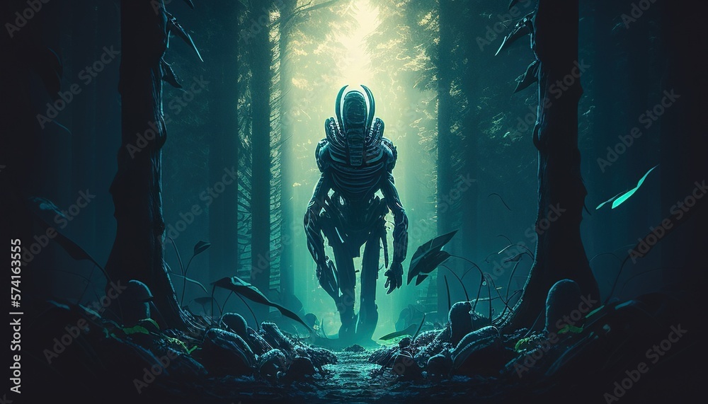 Alien exploring mystical forest, encountering strange flora and fauna ...