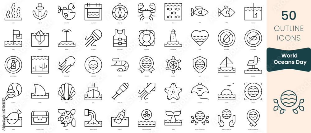 Set of world oceans day icons. Thin linear style icons Pack. Vector ...