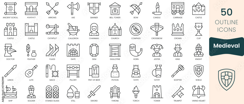 Set of medieval icons. Thin linear style icons Pack. Vector ...