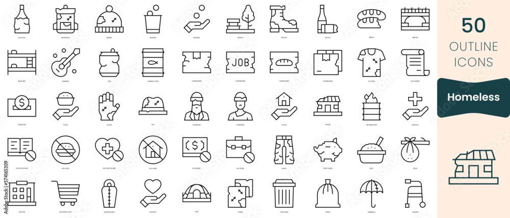 Set of homeless icons. Thin linear style icons Pack. Vector ...