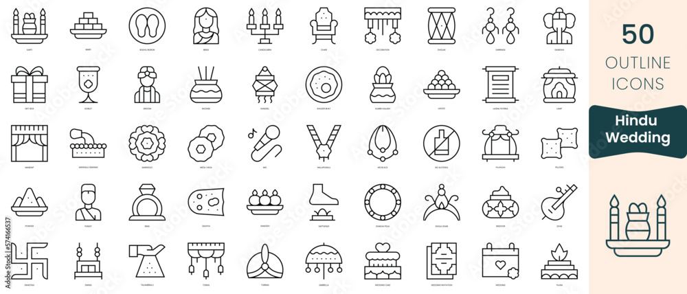 Set of hindu wedding icons. Thin linear style icons Pack. Vector ...