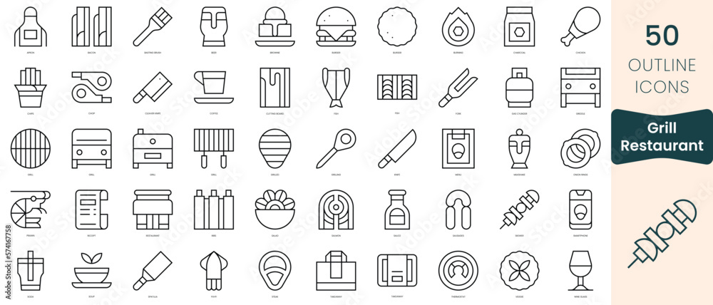 Set of grill restaurant icons. Thin linear style icons Pack. Vector ...