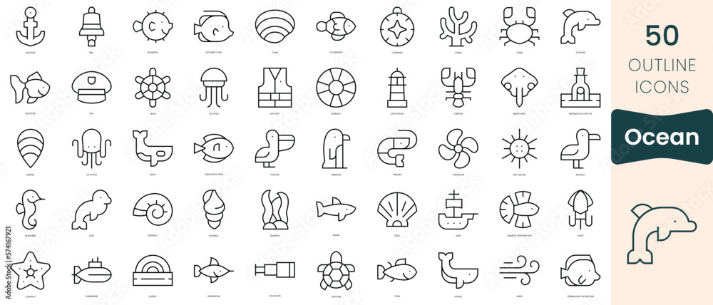 Set of ocean icons. Thin linear style icons Pack. Vector Illustration ...
