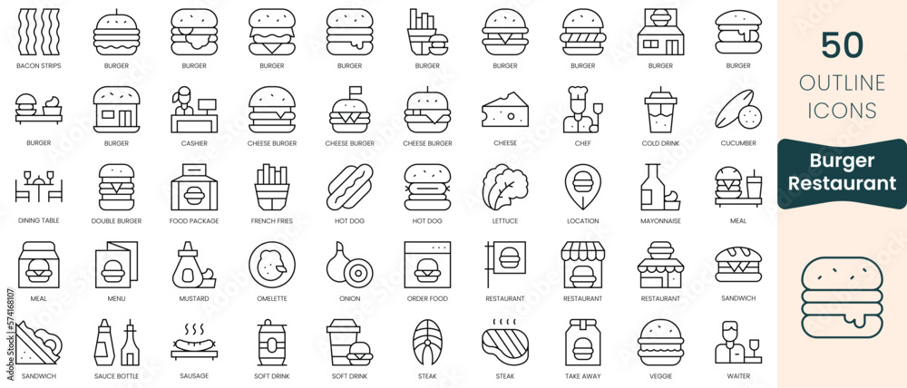 Set of burger restaurant icons. Thin linear style icons Pack. Vector ...