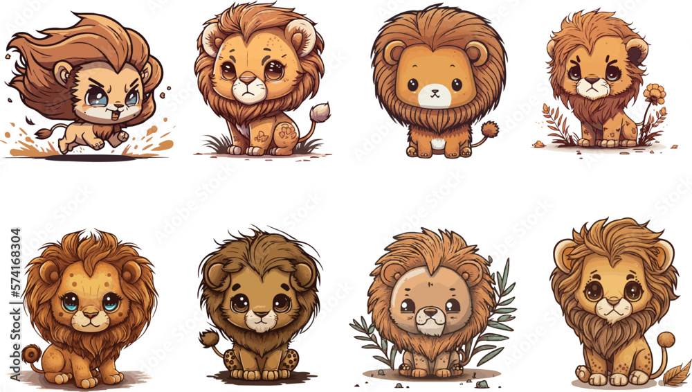 Vector collections of kawaii and cute lions. Bundle of lions Stock ...